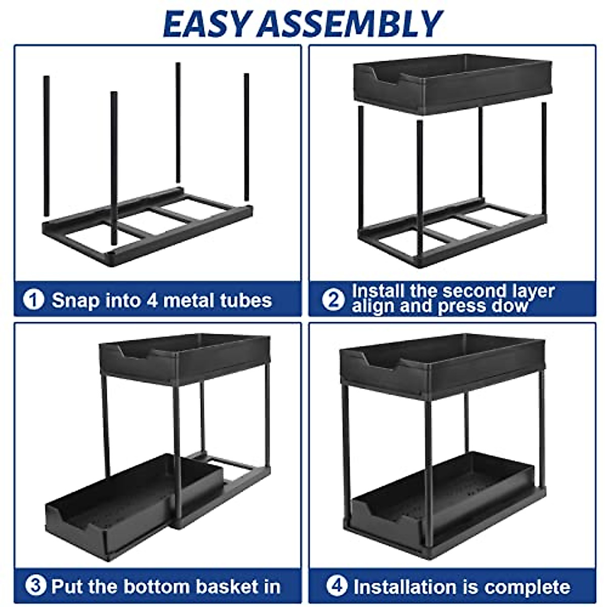2 Pack Under Sink Organizers and Storage, Under Cabinet Organizer for Kitchen Organizer Multi-purpose Under Kitchen Sink Storage Under Sink Organizers with 4 Hooks (Black-2Pack)