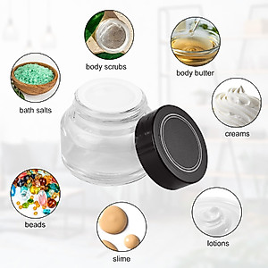 Acrux7 24 Pack Small Glass Jars, Round Clear Glass Jars with Black Lids, Labels & Inner Liners, Empty Refillable Glass Cosmetic Container Leak Proof Travel Jars for Cream, Lotion, Sample (1.76oz/50ml)