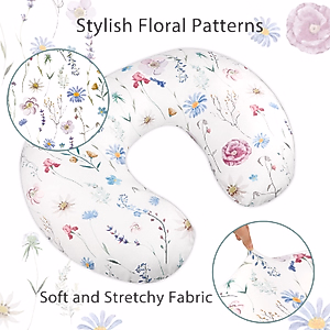 Nursing Pillow Cover Breastfeeding Pillow Slipcover for Moms Soft Breathable Organic Knit Fabric Newborn Infant Feeding Pillow Covers for Baby Girl Boy, Stylish Floral