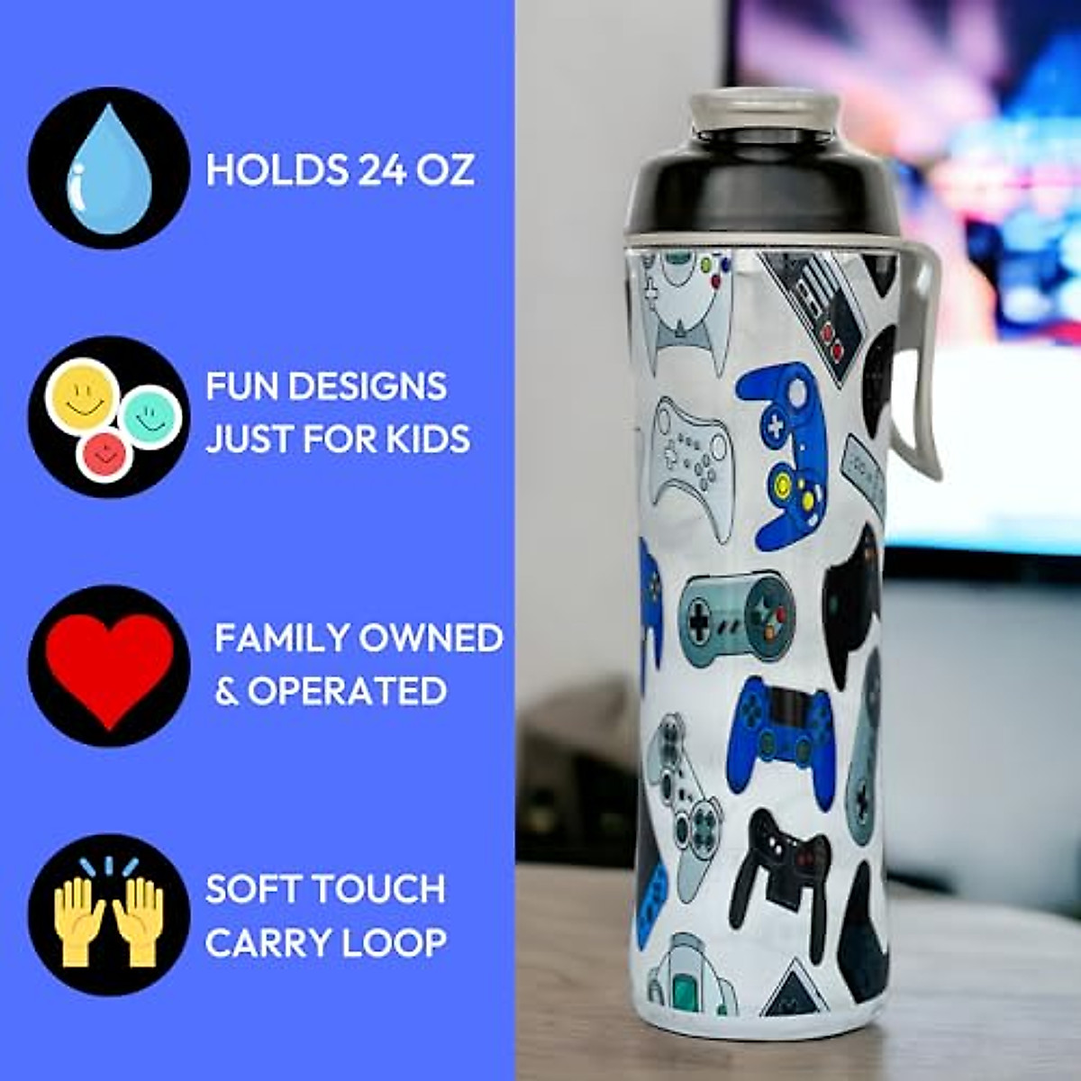 24oz Kids Tritan Water Bottle – Video Game Gamer Theme – BPA-Free, Shatterproof, Lightweight with Hourly Time Markings – Chug Cap & Carry Loop – Reusable for School, Sports & Daily Hydration