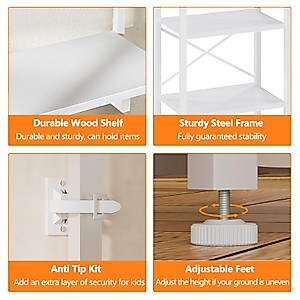 Furnulem 5-Tier Corner Shelf, Narrow Bookshelf with 2 Storage Drawers, Tall Bookcase, Standing Shelf Organizer Unit for Living Room, Bedroom, Metal Frame, Wood Display Shelf(White)