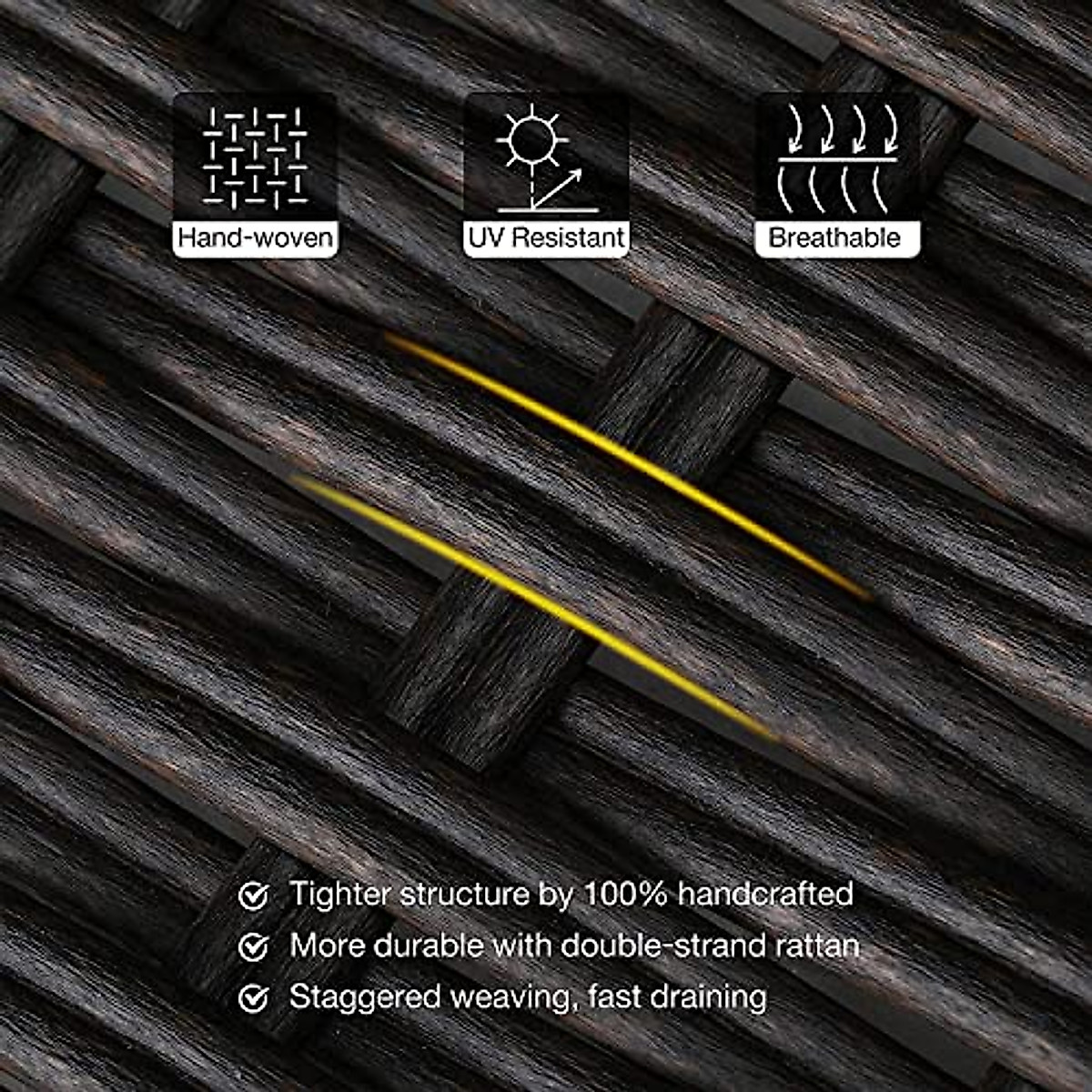 PHI VILLA 3-Piece Outdoor Rattan Sectional Sofa Set with Acacia Wood Coffee Table Patio Wicker Furniture Set with Cushions Conversation Set, Navy Blue