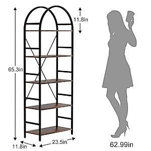 Arbuxzuy 5-Tier Bookshelf, 24 Inch Width Industrial Arched Bookcase, Vintage Storage Rack with Open Shelves, Free Standing Shelf for Home Office, Living Room,Bedroom, Rustic Brown