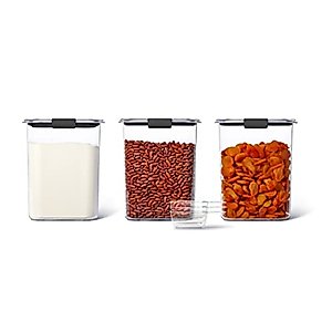 Rubbermaid 9-Piece Brilliance Food Storage Containers for Pantry with Lids and Scoops for Flour, Sugar, and Pasta, Dishwasher Safe, Clear/Grey