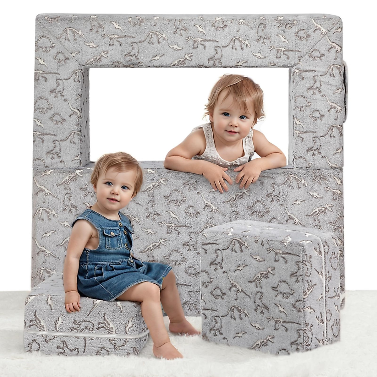 ALIMORDEN 3-in-1 Modular Toddler Couch, Glow-in-The-Dark Dinosaurs Flip Out Kids Couch, Nugget Couch with Two Ottomans and Side Pocket for Boys and Girls, Grey