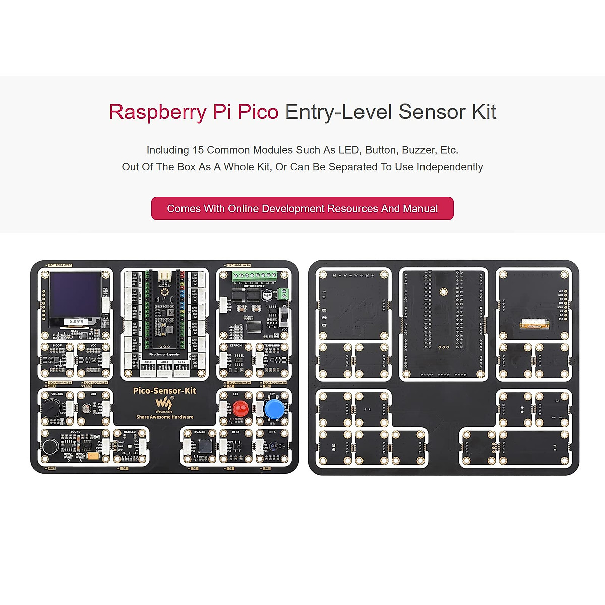 waveshare Sensor Kit for Raspberry Pi Pico W, Including Pico Expansion Board, and LED, Button, Buzzer, etc. 15 Common Modules, All-in-one Design, with Raspberry Pi Pico W