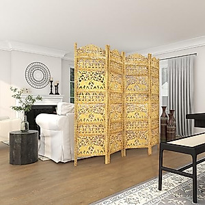 Deco 79 Wooden Scroll Handmade Partition Room Divider Screen Hinged Foldable Partition 4 Panel Privacy Screen with Carved Elephant Accents, Room Partition 80" x 1" x 72", Gold