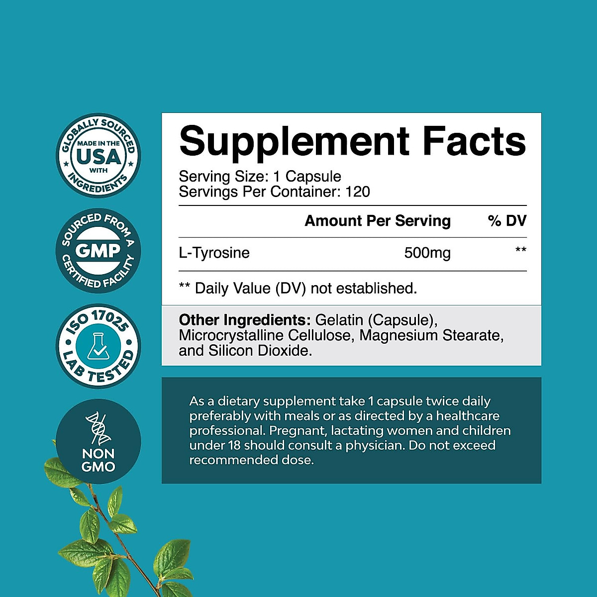 Free Form L Tyrosine 500mg Capsules - High Strength L-Tyrosine Supplement for Mental Energy and Focus Support - Amino Acid Nootropic Supplement for Mood Focus Attention and Cognitive Performance