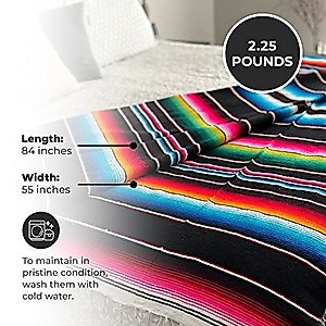 Leos Imports Mexican Serape Blanket, Traditional Saltillo Mexican Blanket, Handmade Mexican Blankets and Throws, Multipurpose Indoor and Outdoor Blankets and Throws, 84 x 55 Inches, Black
