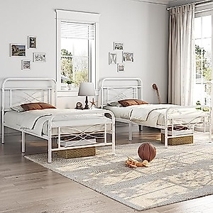 Topeakmart Twin Bed Frames Metal Bed with Vintage Style/Criss-Cross Design Headboard/Mattress Foundation/No Box Spring Needed/Under Bed Storage/Strong Slat Support White Twin Bed