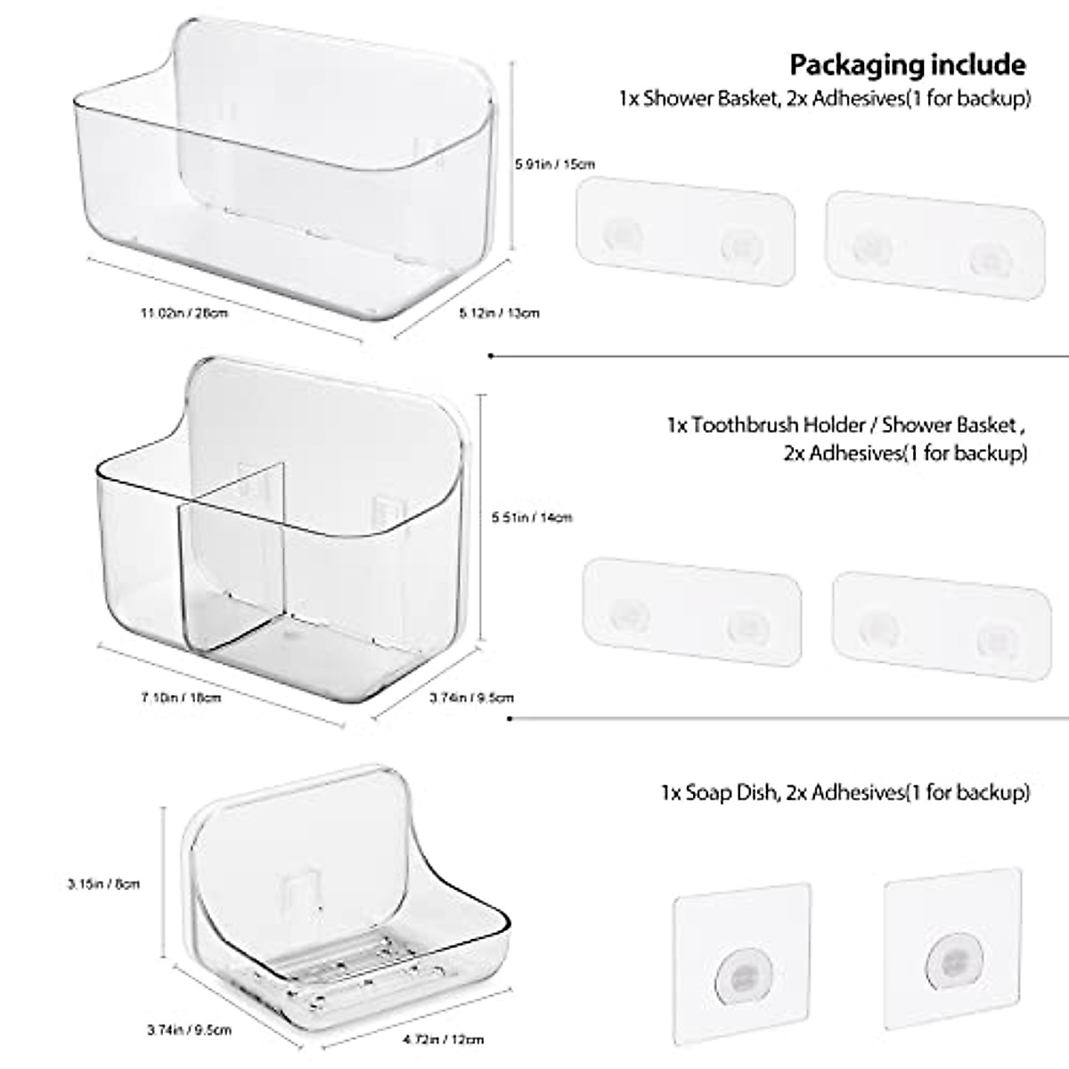 Ettori 3 Pack Shower Caddy,Soap Dish and Toothbrush Holder,Wall Mounted Rustproof Plastic Shower Storage for Inside Shower and Bathroom Shower Accessories-Clear