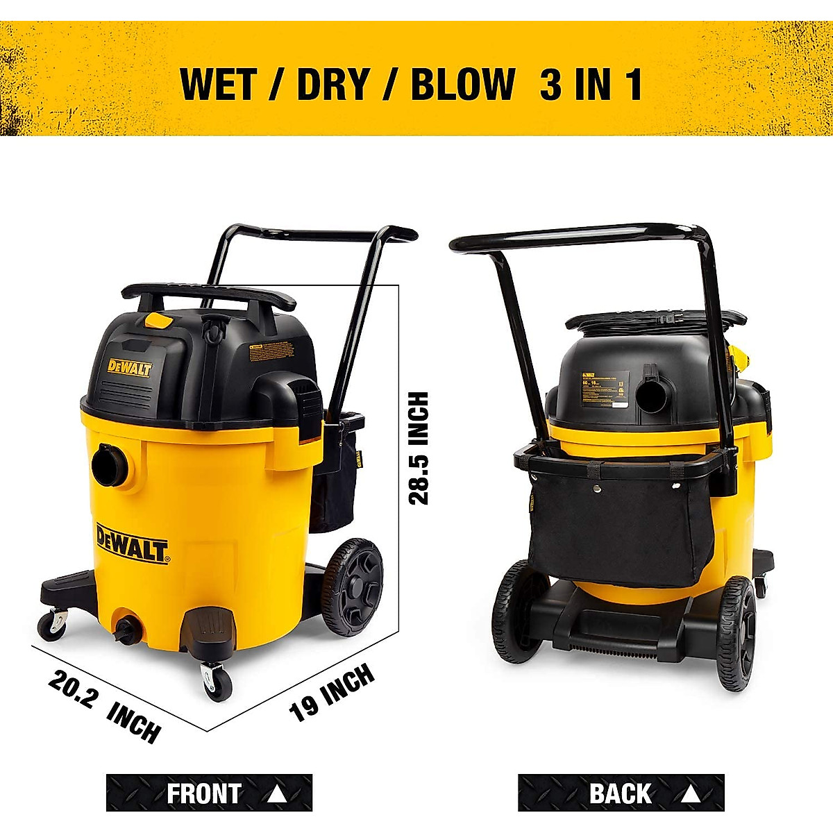 DEWALT 16 Gallon Poly Wet Dry Vacuum, 6.5 Peak HP 12 Amps Heavy Duty Vacuums, Cart Style Wet/Dry/Blower 3 in 1 Multifunction Shop Vacuum, Built-in Drain, DXV16PA