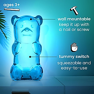 Gummygoods Squeezable Gummy Bear Night Light - Rechargeable, Portable, Squishy Lamp, 60-Min Sleep Timer for Kids & Adults, Baby Nursery, and Dorm Rooms - (Blue)