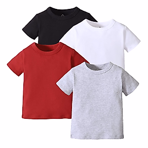 OPAWO Unisex Infant Baby Crew Neck T-Shirt 4 Pack Short Sleeve Solid Color Tees for Boys Girls (Black/White/Gray/Red, 12-18 Months)