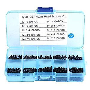1000pcs Screws, M1 M1.2 M1.4 M1.7 Stainless Steel Cross Drive Pan Head Self Tapping Screws Kit with Box for Machine Woodworking Fastener
