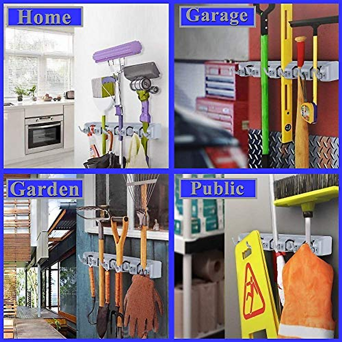Mop and Broom Holder, Multipurpose Wall Mounted Heavy Duty Tool Organizer Storage Hooks,Ideal Broom Hanger for Kitchen Garden and Garage laundry room,5 Position with 6 Hooks