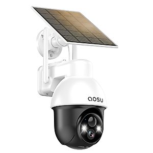 AOSU Solar Security Camera Wireless Outdoor with Panoramic PTZ, Human Auto Tracking, 2K Night Vision, Light and Sound Alarm, 2-Way Audio, Compatible with Alexa/Google Assistant