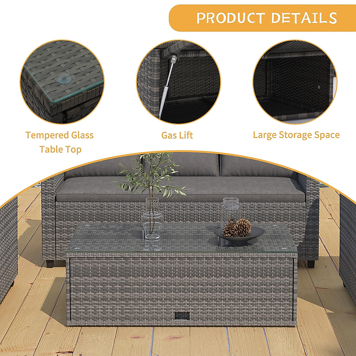 Clihome 6pcs Patio Sofa Set Outdoor PE Rattan Sectional Set with Cushions Lounge Chaise and Coffee Table Wicker Patio Furniture for Patio Backyard Garden Poolside