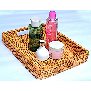 Rectangular Wicker Serving Tray-Set of 2- w/Inbuilt Handles-Handmade Woven Rattan Storage Basket-Decorative Coffee Tabletop Tray-Boho Flat Bathroom Organizer-(L- 15.4"x2.4" M- 13.7"x 2")