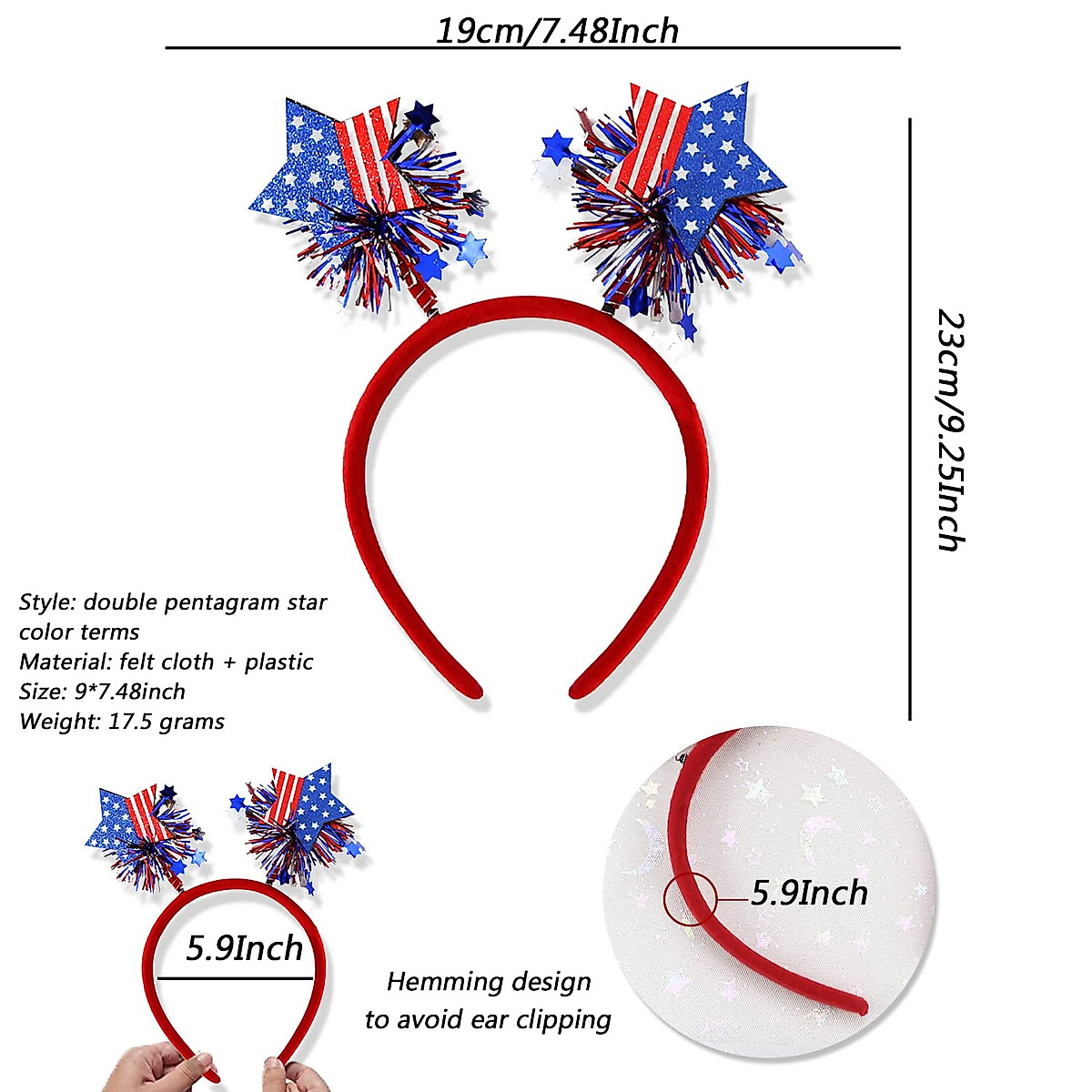 HIFANMM 4th of July Headband Independence Day Hair Accessories Patriotic Party Hair Supplies USA Flag Star Design Blue Red Ribbon Stars Hair Decoration Cute Hair Hoop for Women Girls Kids 1 Pcs