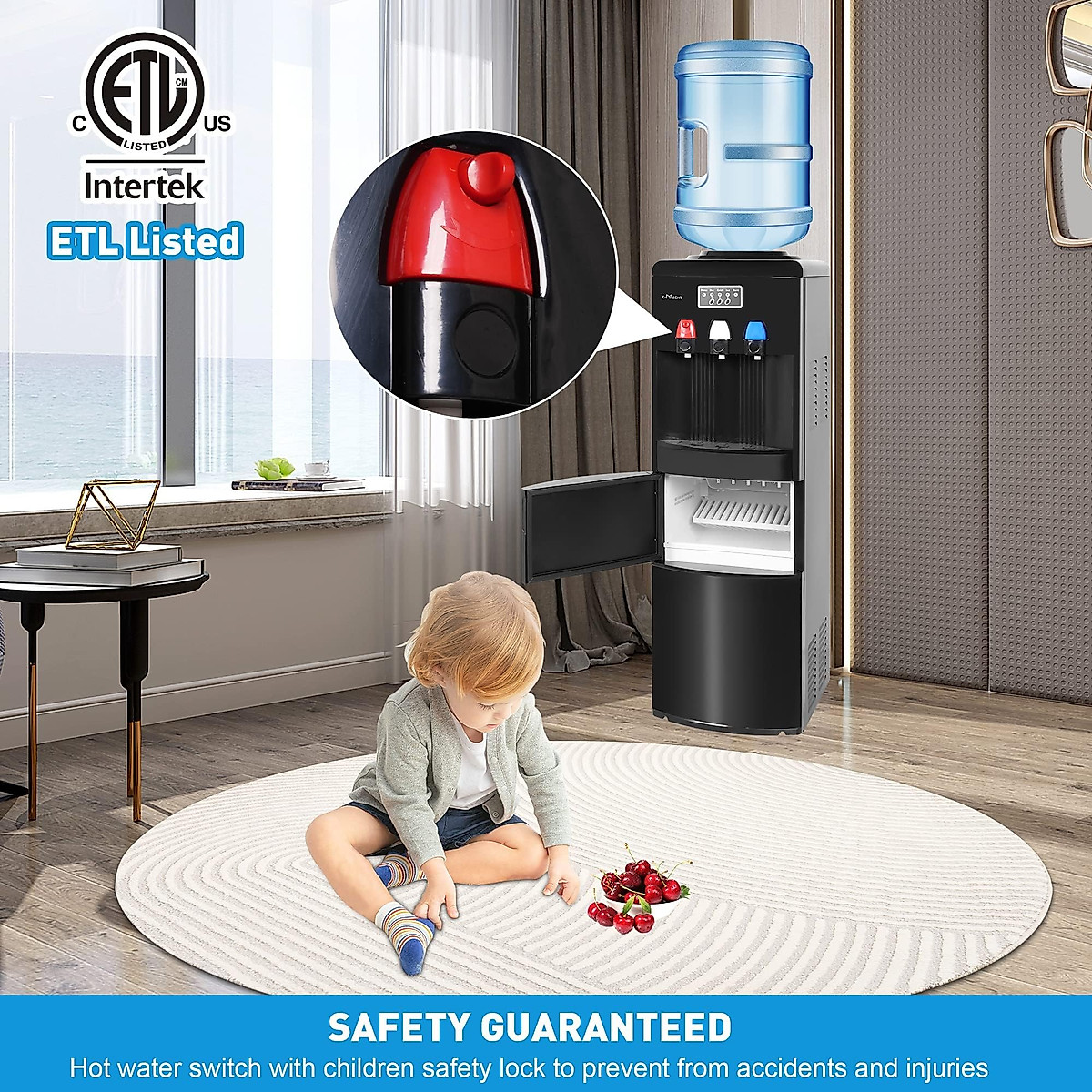 Clarfey Water Dispenser with Ice Maker, 3 in 1 Water Dispense with Built-in Ice Maker, Water Cooler Dispenser for 3-5 Gallon Bottle with a Scoop, Ice-Making Chamber, Child Safety Lock, Black