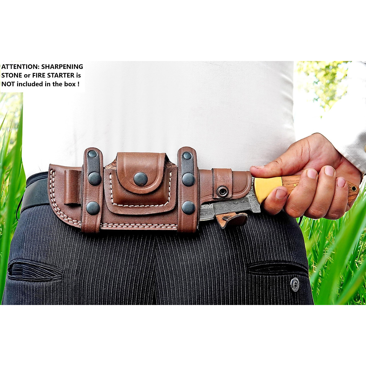 Ottoza Tracker Knife & Wood Handle - Damascus Hunting Knife - Horizontal Carry Knife Sheath 89