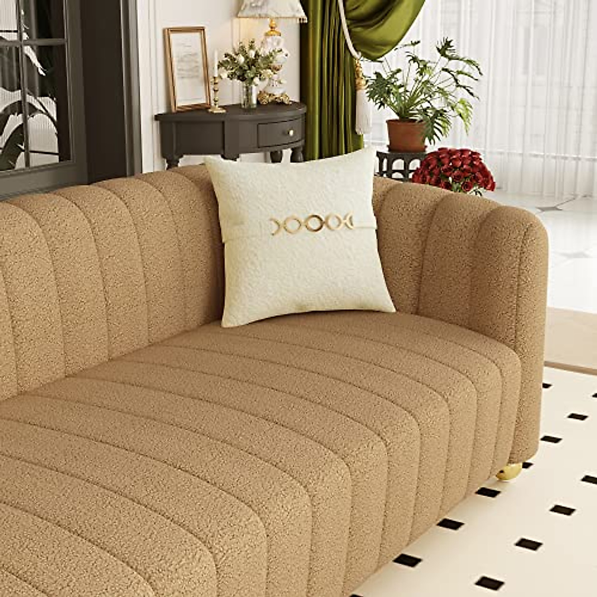 Misoce 83'' Luxury Velvet Couch Sofa for 3 Person Fashion Couch with 2 Pillows, Metal Legs Solid Wood Frame Chesterfield Sofa Couch for Living Room, Hotel (83'' Brown)
