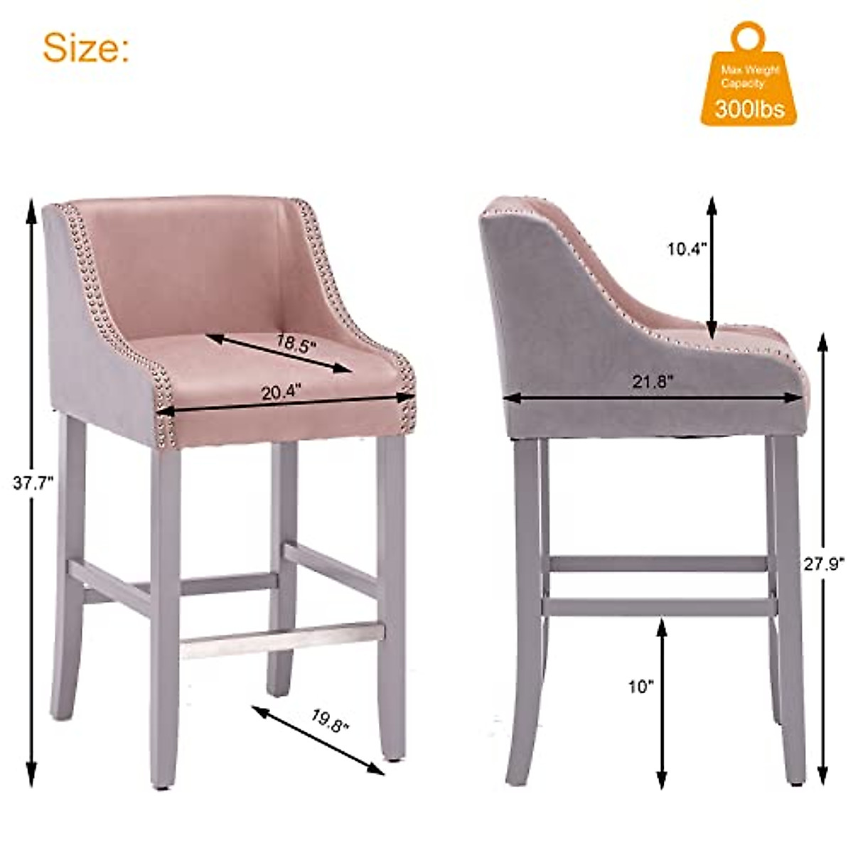 Pink Bar Stools Set of 2, 28 Inch Modern Bar Height Stools with Back and Nailhead Trim, Upholstered Farmhouse Bar Stool Bar Chairs for Kitchen Island, Home Bar Pub, Pink and Gray