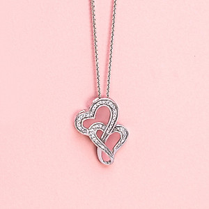 Jewelili Double Heart Necklace Pendant with Natural White Round Diamonds in Sterling Silver 18 inch Rolo Chain