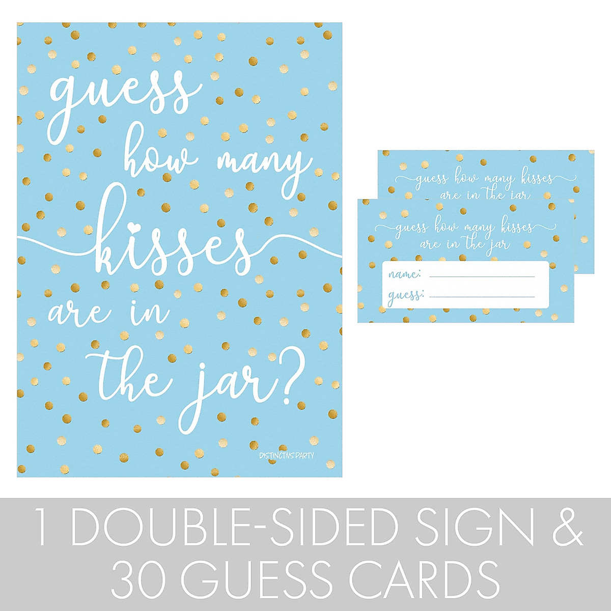 DISTINCTIVS How Many Kisses in the Jar Game - Blue and Gold - Bridal Shower or Wedding (Sign with Cards)