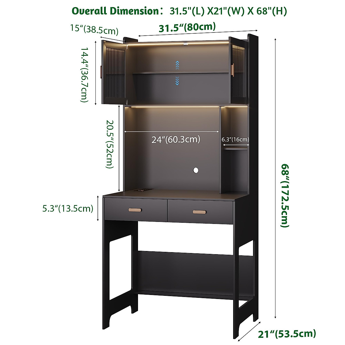 Vlsrka LED Home Office Desk with Hutch, 31.5 Inch Modern Computer Desk with Power Outlet, Wooden Bush Study Desk with Storage Drawers & Shelves (Matte Black)