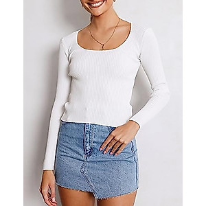 ZESICA Women's 2023 Long Sleeve Square Neck Shirts Fall Clothes Slim Fitted Ribbed Knit Sweater Basic Tee Tops,White,Large