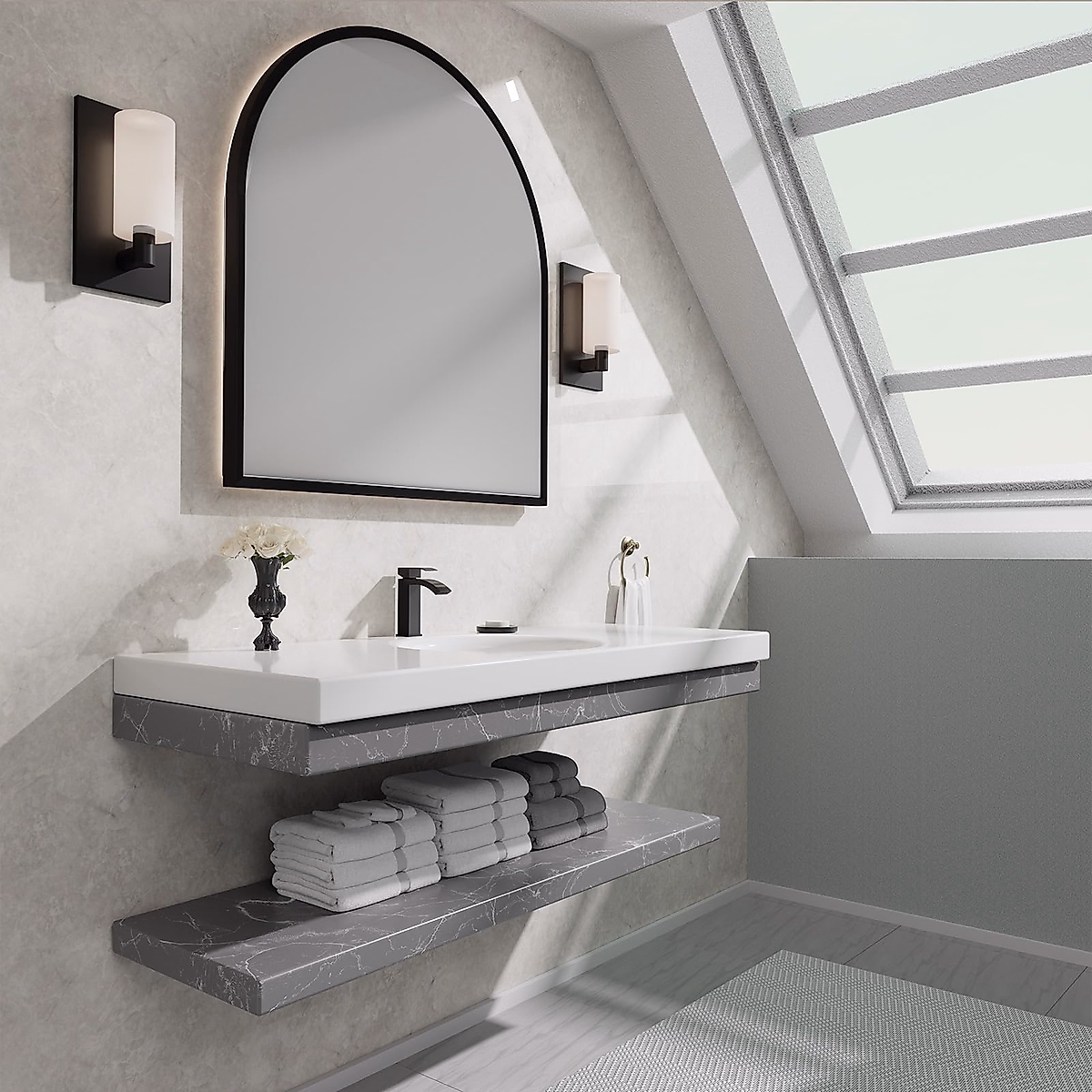 Phiestina Matte Black Waterfall Single Handle One Hole Bathroom Sink Faucet, Square Single Hole Basin Faucet with Metal Pop-up Drain with Overflow and Water Supply Line, BF01049-N1-MB