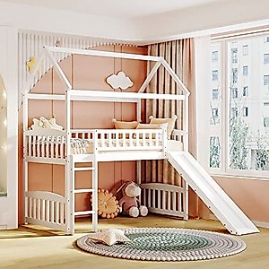Merax House Loft Bunk Bed Frames with Slide No Box Spring Needed for Teens, Girls or Boys