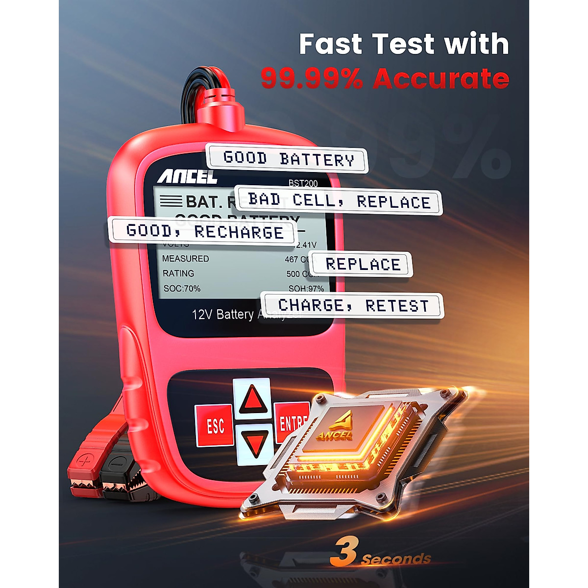 ANCEL BST200 Car Battery Tester 12V 100-1100 CCA Automotive Bad Cell Load Test Tool Digital Analyzer Tester for Car Truck Motorcycle SUV Boat and More