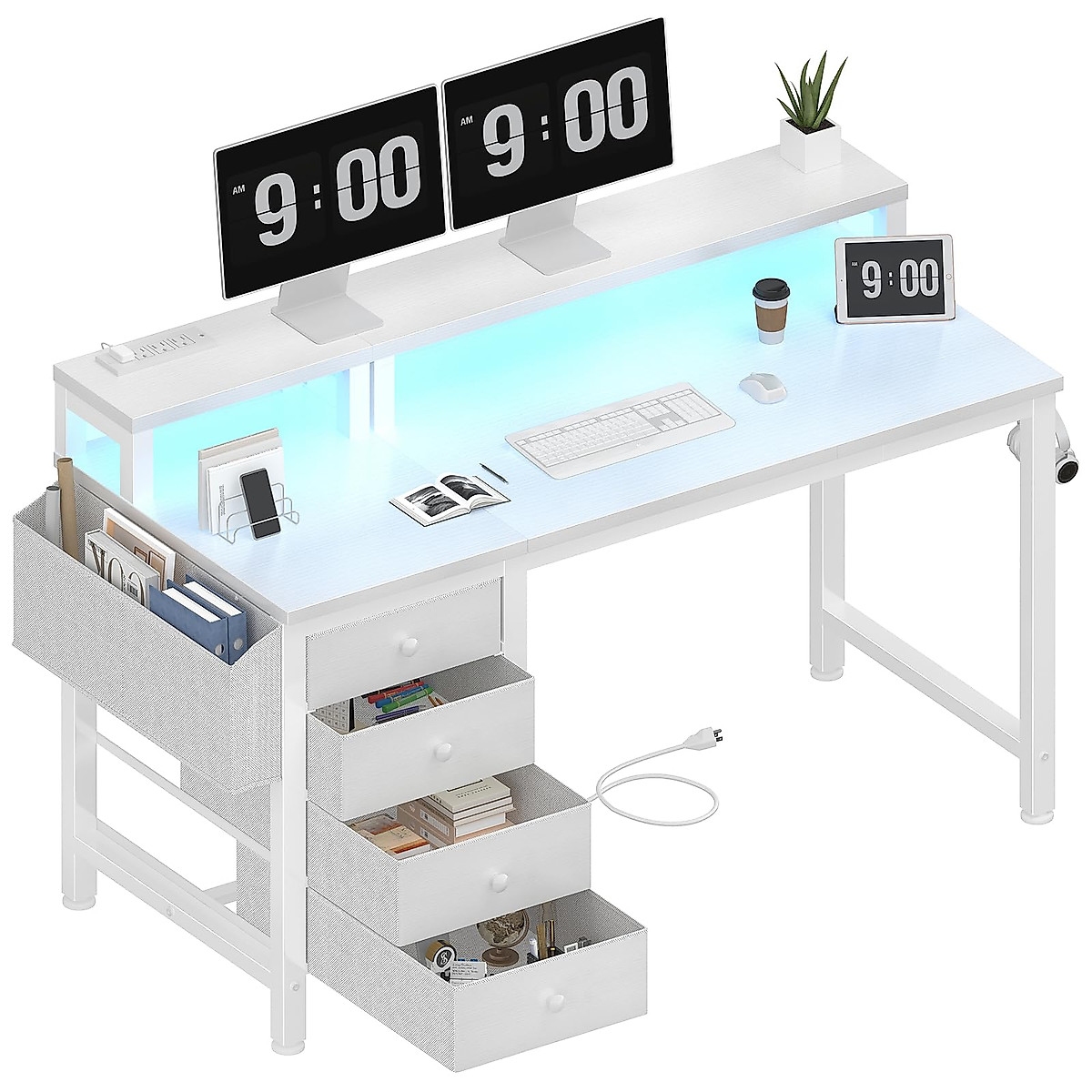 Lufeiya White Desk with 4 Drawers - 47 inch Gaming Desk with Monitor Stand, Computer Gaming Desk with LED Lights Power Outlets and Storage Bag Fabric Drawer for Home Office, Bedroom, White