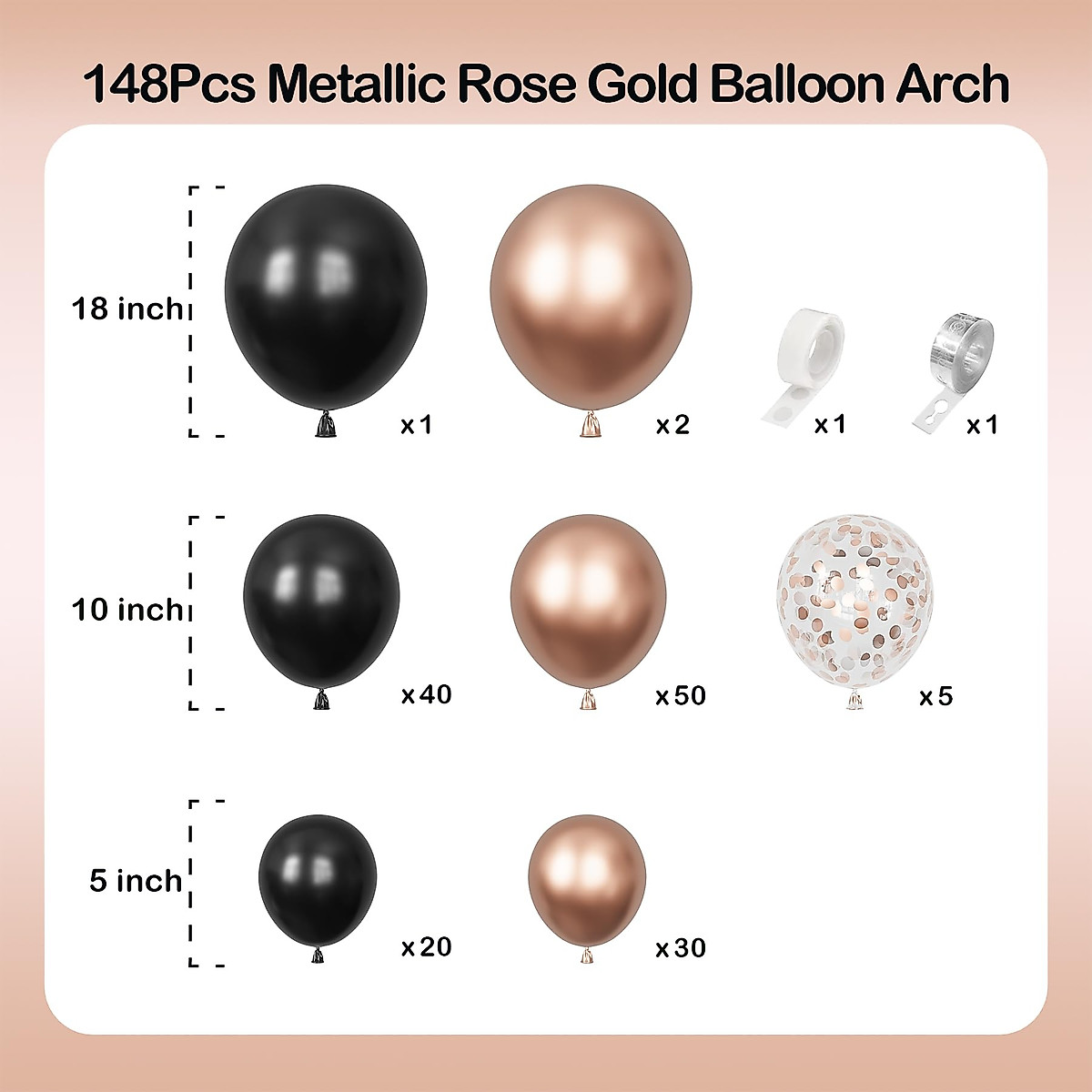 Metallic Rose Gold Black Balloons Arch Garland Kit-148Pcs Balloons for Gender Reveal Birthday Anniversary Baby Shower Graduation Wedding Retirement Party Decoration