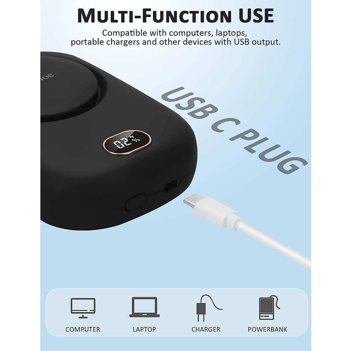 LtYioe Mini Fan Mini Handheld Fan Portable Fans USB Rechargeable, Personal Desk Fan Multifunctional with Strong Airflow, LED Smart Display and 3 Speed Adjustable for Outdoor Beach Home(Dark Black)