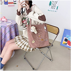 Women Corduroy Shoulder Bag Cute Bear Canvas Tote Bag Large Corduroy Hobo Bag Casual Shoulder Handbag for Work School Travel (Pink)