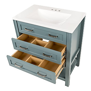 Spring Mill Cabinets Eaton Bathroom Vanity with 2 Drawers, Open Shelf, and White Sink Top, 30.25" W x 18.75" D x 35.41" H, Sage