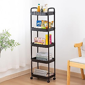 Gagee 5 Tier Rolling Cart with Wheels and Handle,Rolling Storage Cart for Office, Living Room, Laundry Room,Kitchen,Bathroom,Black