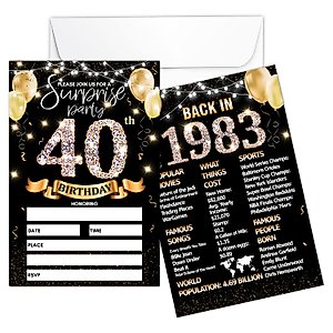 40th Birthday Party Invitation Card - Black Gold Invites with Back In 1983 Poster Printing On The Back Double-Sided Fill-in Invites - 20 Cards with Envelopes for Party Favors - sr-13