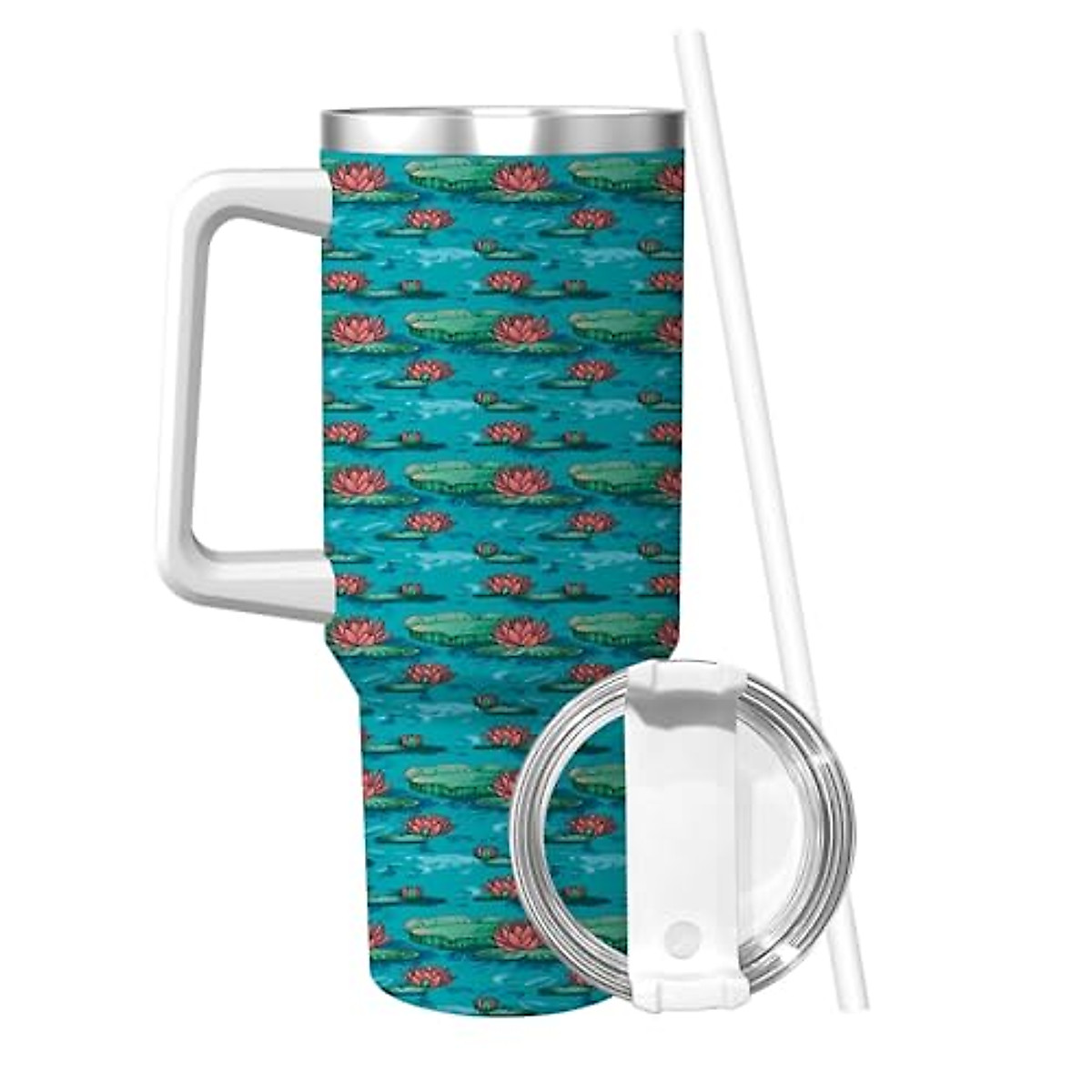UIANG Plant Stainless Steel Triple Layer Insulated Travel Tumbler with Spill Resistant Lid, Straw, and Carry Handle, BPA Free, 40 oz,Boho Water Lilies,Blue Green