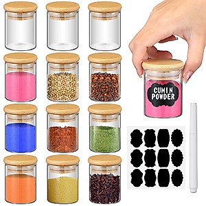 Roshtia Glass Spice Jars with Bamboo Airtight Lids Labels and Chalk Marker Food Storage Container Clear Spice Storage Bottle for Kitchen, Spice, Herbs, Seasoning, Seed, Tea, Sugar (12 Pcs,2.5 oz)
