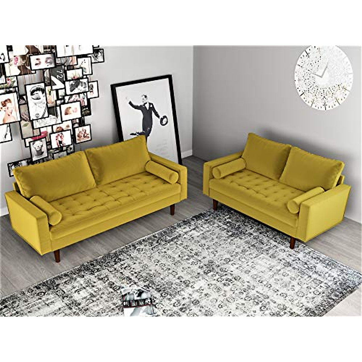 Container Furniture Direct Womble Modern Velvet Upholstered Living Room Diamond Tufted Chesterfield Sofa with Gleaming Nailheads, Textured Gold