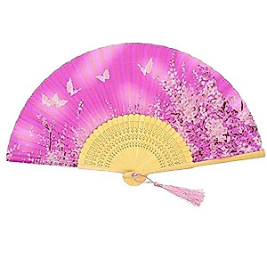 RAZZUM Decorative Folding Fans Silk Hand Fan Chinese Spun Silk Flower Printed Folding Fan Chinese Style Ladies Wind Craft Fan Silk Fan Cherry Fan Antiquity Fan (Color : 4)
