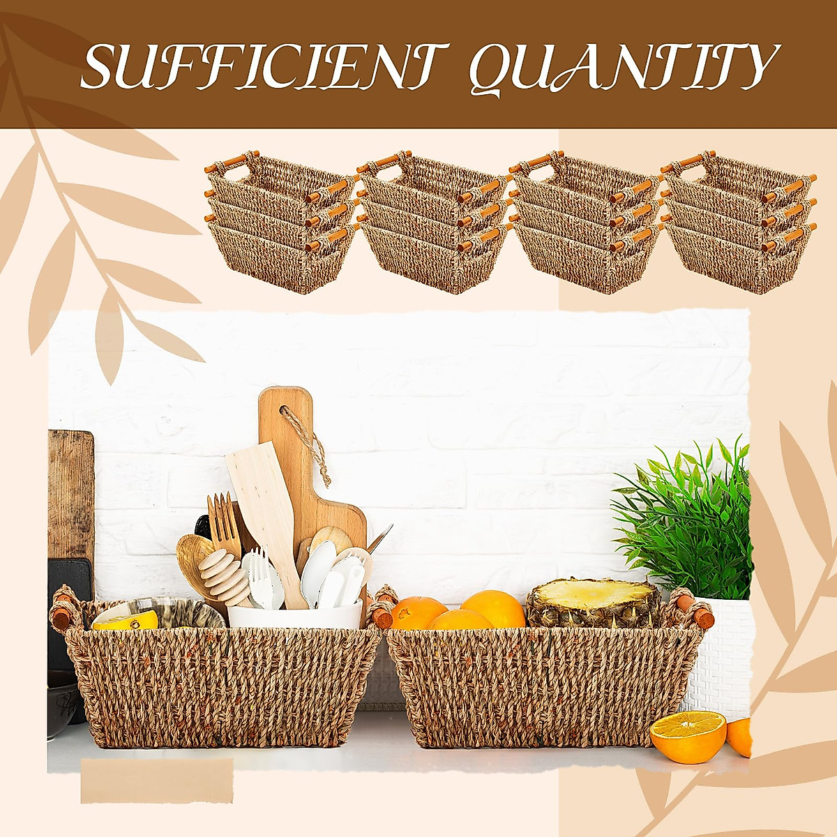 Marsui 12 Pcs Small Wicker Baskets for Gifts Empty Hand Woven Seagrass Rattan Towel Baskets for Bathroom Bin Organizer Shelf Pantry Baskets for Gifts Storage Towel Kitchen Toilet Living Room (Brown)