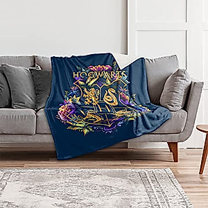 Harry Potter Blanket, 50"x60", Hogwarts Multi-Colored Floral Crest Silky Touch Sherpa Back Super Soft Throw Blanket