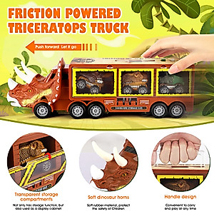 21 Pack Dinosaur Toys for Kids 3-7, Dinosaur Truck with Oversized Dinosaur Map, Flashing Lights, Music and Roaring Sound, Kids Toys with 6 Pull Back Dinosaur Cars, 6 Dinosaur Toys (Brown)