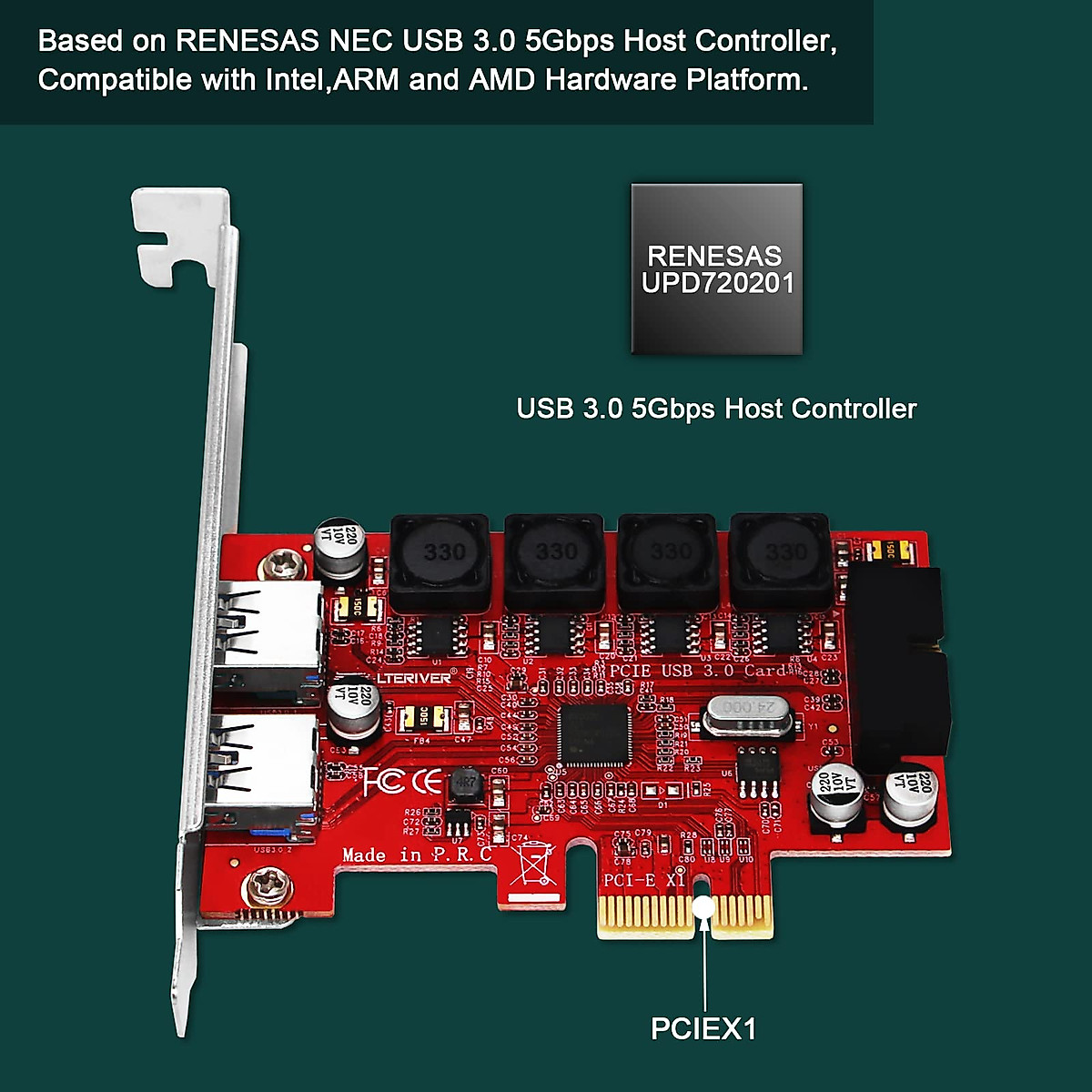 LTERIVER PCIE to 1X 19Pin USB 3.0 Header and 2X USB-A Ports, PCIE USB 3.0 5Gbps Expansion Card for Windows 11, 10, 8.1, 7, XP (32/64), Built Smart Power Control Technology (PCE-IN2EX2)